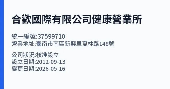 合歡國際有限公司健康營業所的照片-統編 37599710(臺南市) 公司登記資料與營業項目詳細圖表
