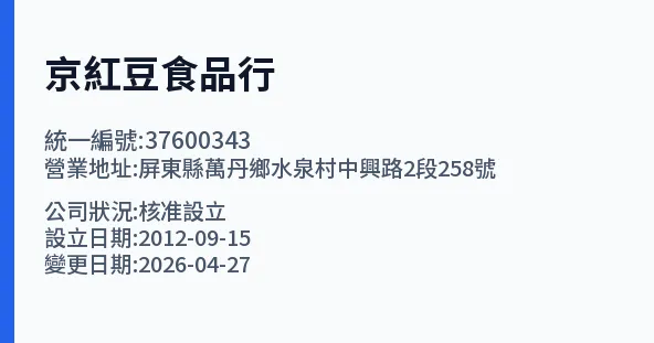京紅豆食品行的照片-統編 37600343(屏東縣) 公司登記資料與營業項目詳細圖表
