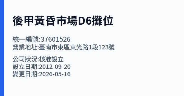後甲黃昏市場D6攤位的照片-統編 37601526(臺南市) 公司登記資料與營業項目詳細圖表