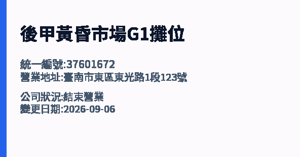 後甲黃昏市場G1攤位的照片-統編 37601672(臺南市) 公司登記資料與營業項目詳細圖表