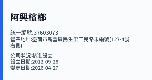 阿興檳榔的照片-統編 37603073(臺南市) 公司登記資料與營業項目詳細圖表