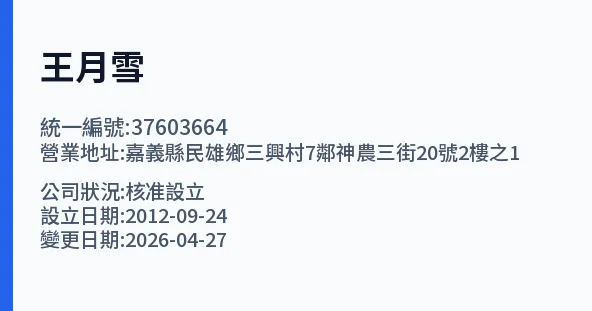王月雪的照片-統編 37603664(嘉義縣) 公司登記資料與營業項目詳細圖表