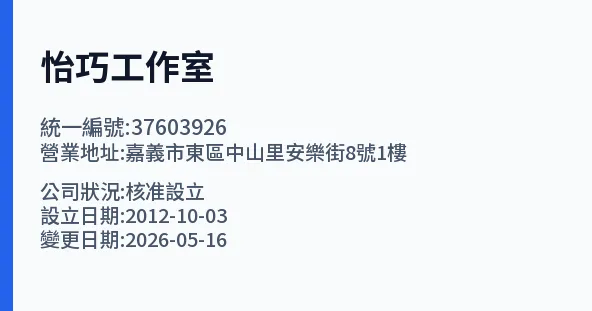 怡巧工作室的照片-統編 37603926(嘉義市) 公司登記資料與營業項目詳細圖表