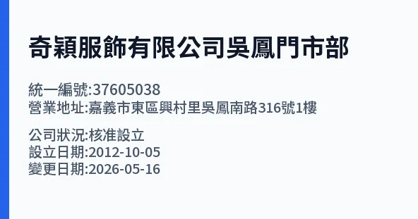 奇穎服飾有限公司吳鳳門市部的照片-統編 37605038(嘉義市) 公司登記資料與營業項目詳細圖表