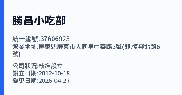 勝昌小吃部的照片-統編 37606923(屏東縣) 公司登記資料與營業項目詳細圖表