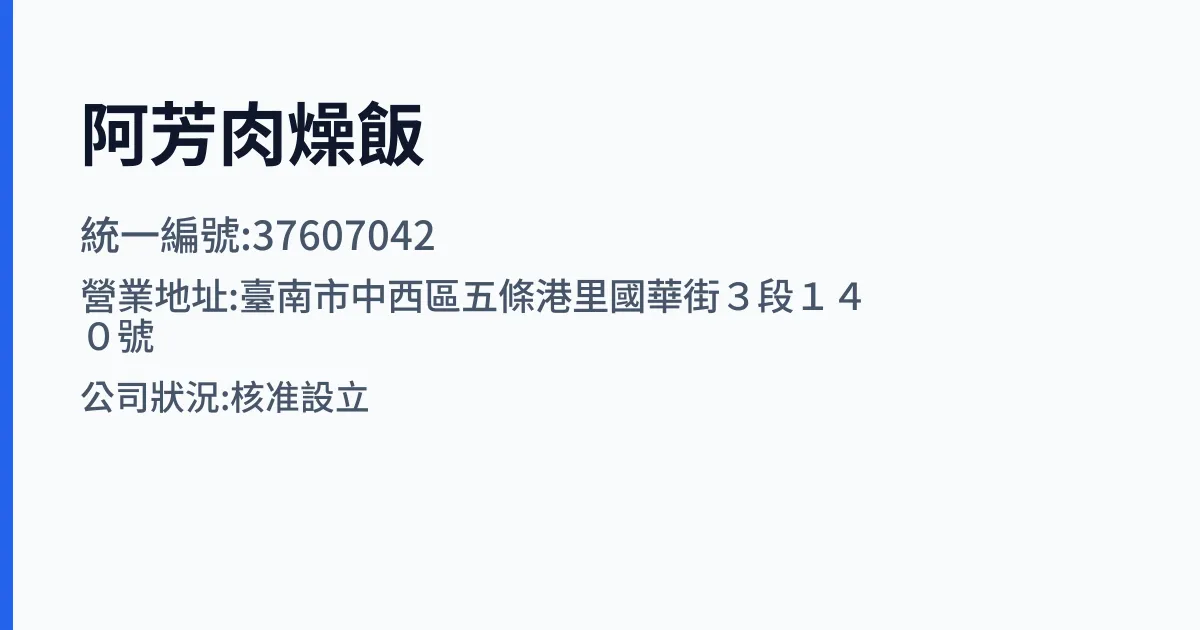 阿芳肉燥飯 - 統編 37607042(臺南市) 公司登記資料與營業項目詳細圖表