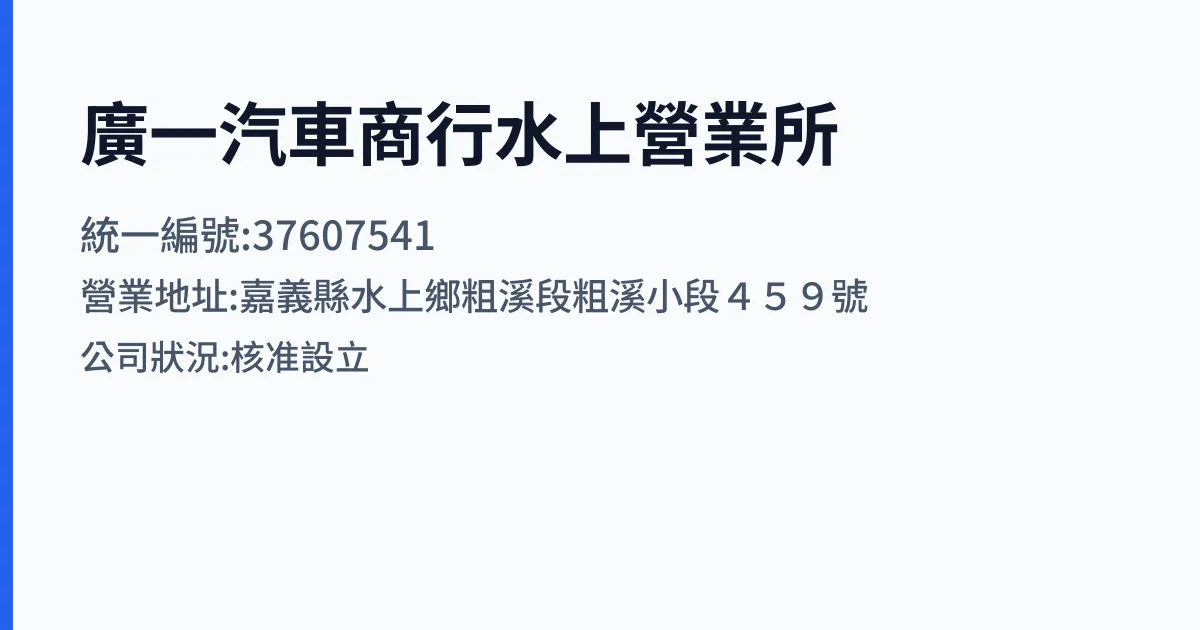 廣一汽車商行水上營業所 - 統編 37607541(嘉義縣) 公司登記資料與營業項目詳細圖表