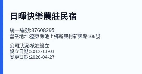 日暉快樂農莊民宿的照片-統編 37608295(臺東縣) 公司登記資料與營業項目詳細圖表