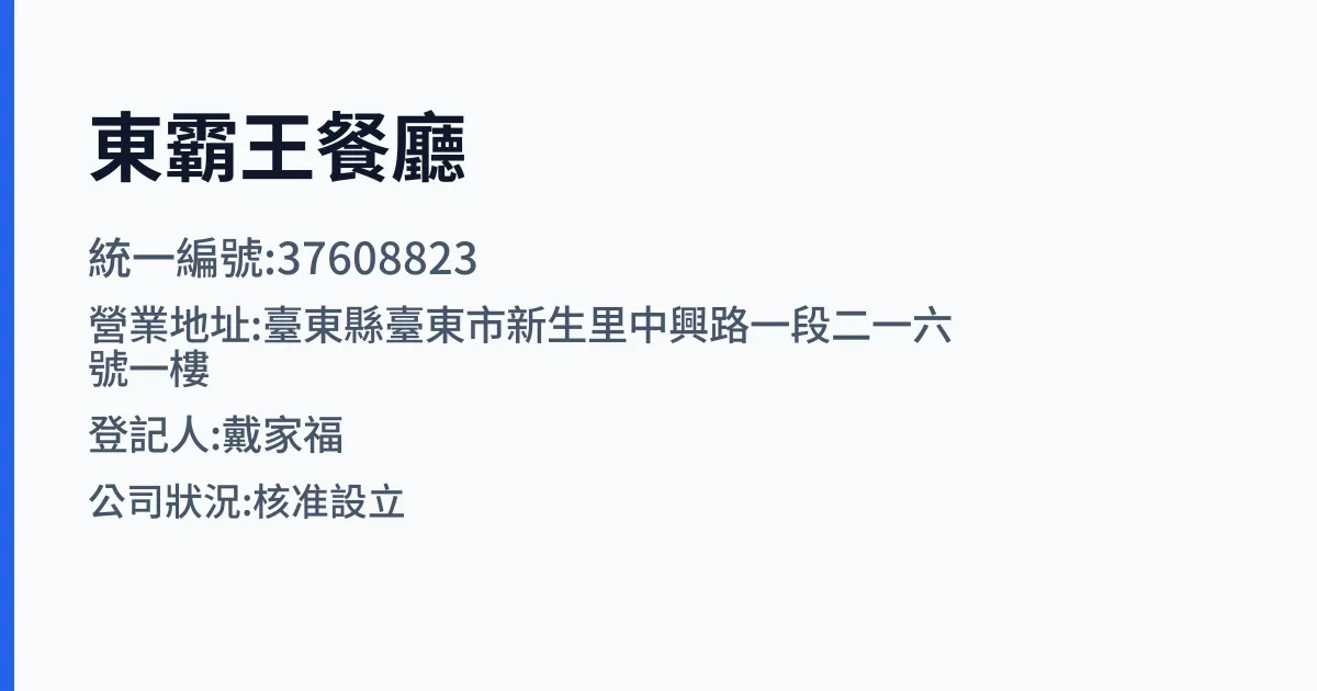 東霸王餐廳 - 統編 37608823(臺東縣) 公司登記資料與營業項目詳細圖表