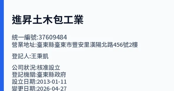 進昇土木包工業的照片-統編 37609484(臺東縣) 公司登記資料與營業項目詳細圖表