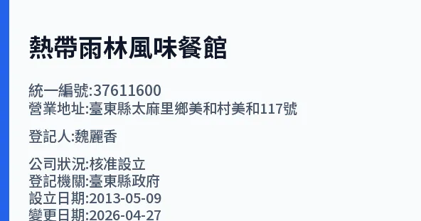 熱帶雨林風味餐館的照片-統編 37611600(臺東縣) 公司登記資料與營業項目詳細圖表