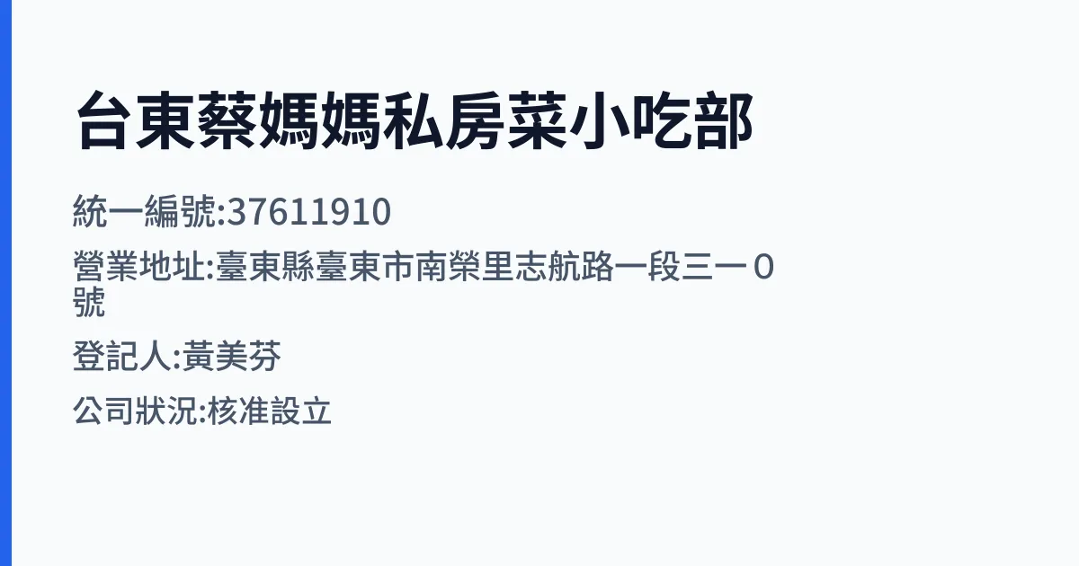 台東蔡媽媽私房菜小吃部 - 統編 37611910(臺東縣) 公司登記資料與營業項目詳細圖表