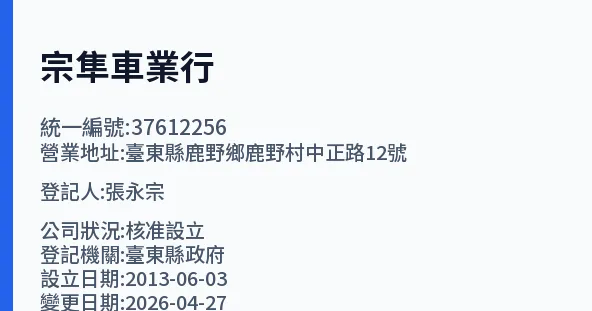 宗隼車業行的照片-統編 37612256(臺東縣) 公司登記資料與營業項目詳細圖表