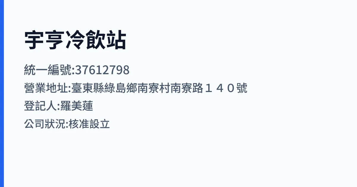 宇亨冷飲站 - 統編 37612798(臺東縣) 公司登記資料與營業項目詳細圖表