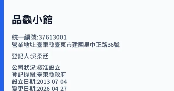 品鱻小館的照片-統編 37613001(臺東縣) 公司登記資料與營業項目詳細圖表