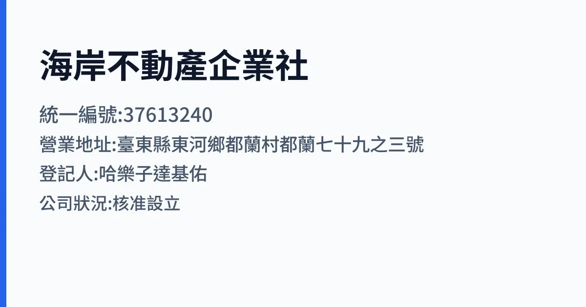 海岸不動產企業社 - 統編 37613240(臺東縣) 公司登記資料與營業項目詳細圖表