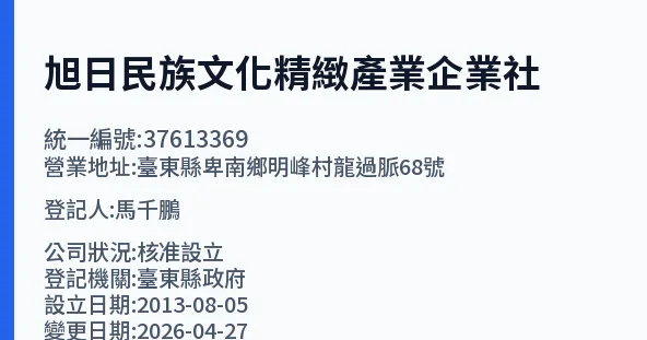旭日民族文化精緻產業企業社的照片-統編 37613369(臺東縣) 公司登記資料與營業項目詳細圖表