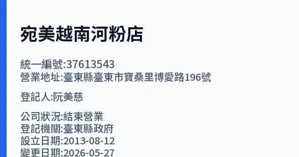 宛美越南河粉店的照片-統編 37613543(臺東縣) 公司登記資料與營業項目詳細圖表