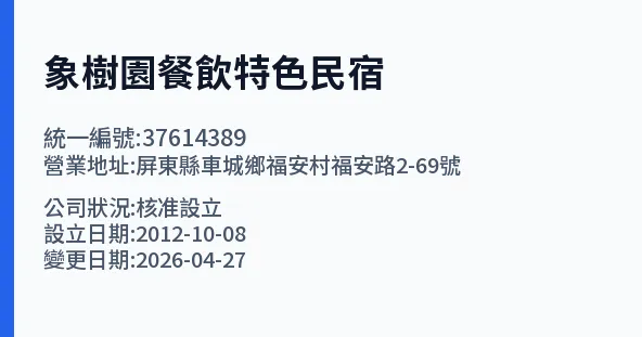 象樹園餐飲特色民宿的照片-統編 37614389(屏東縣) 公司登記資料與營業項目詳細圖表