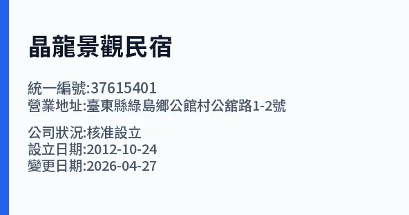 晶龍景觀民宿的照片-統編 37615401(臺東縣) 公司登記資料與營業項目詳細圖表