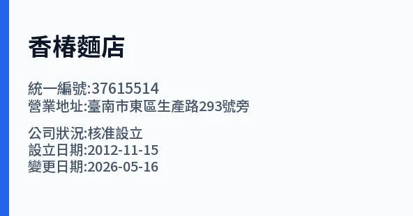 香椿麵店的照片-統編 37615514(臺南市) 公司登記資料與營業項目詳細圖表