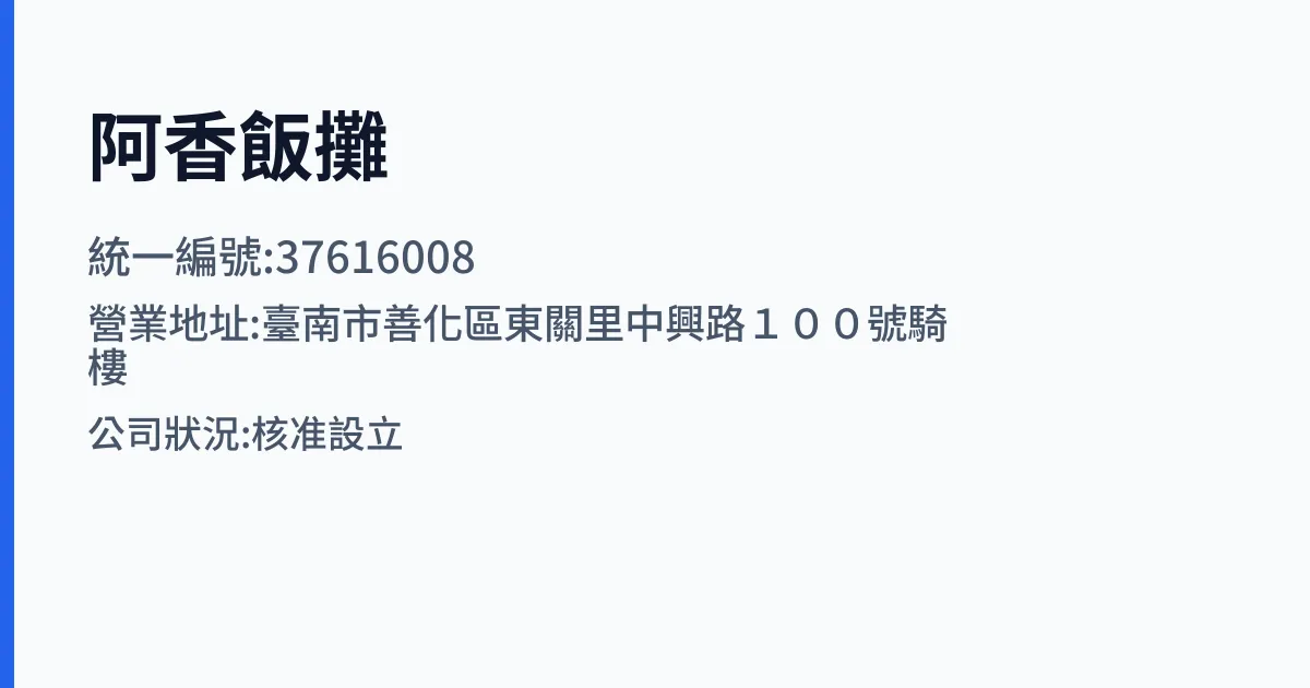 阿香飯攤 - 統編 37616008(臺南市) 公司登記資料與營業項目詳細圖表