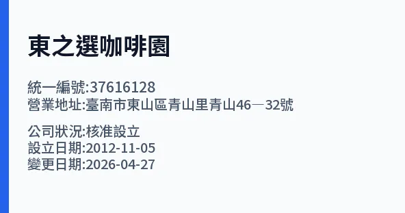 東之選咖啡園的照片-統編 37616128(臺南市) 公司登記資料與營業項目詳細圖表