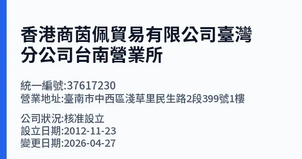 香港商茵佩貿易有限公司臺灣分公司台南營業所的照片-統編 37617230(臺南市) 公司登記資料與營業項目詳細圖表