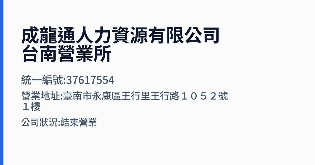 成龍通人力資源有限公司台南營業所 - 統編 37617554(臺南市) 公司登記資料與營業項目詳細圖表