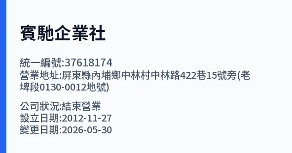 賓馳企業社的照片-統編 37618174(屏東縣) 公司登記資料與營業項目詳細圖表