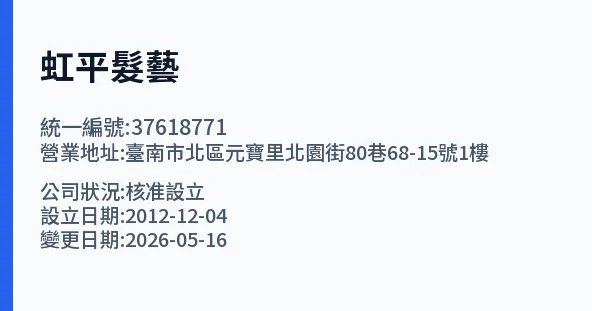 虹平髮藝的照片-統編 37618771(臺南市) 公司登記資料與營業項目詳細圖表