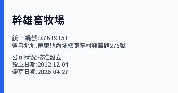幹雄畜牧場的照片-統編 37619151(屏東縣) 公司登記資料與營業項目詳細圖表