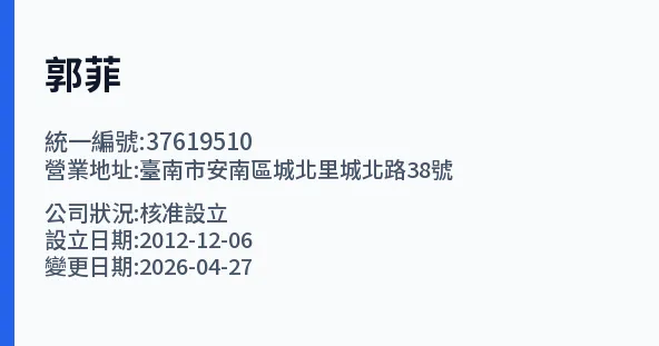 郭菲的照片-統編 37619510(臺南市) 公司登記資料與營業項目詳細圖表