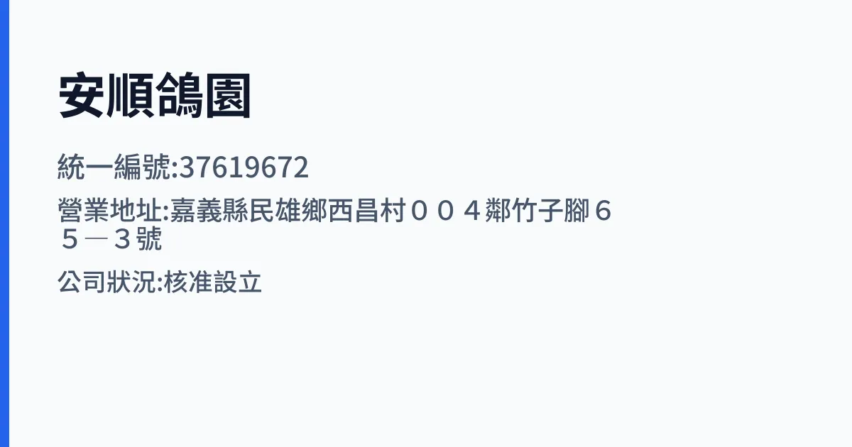 安順鴿園 - 統編 37619672（嘉義縣） 公司登記資料與營業項目詳細圖表