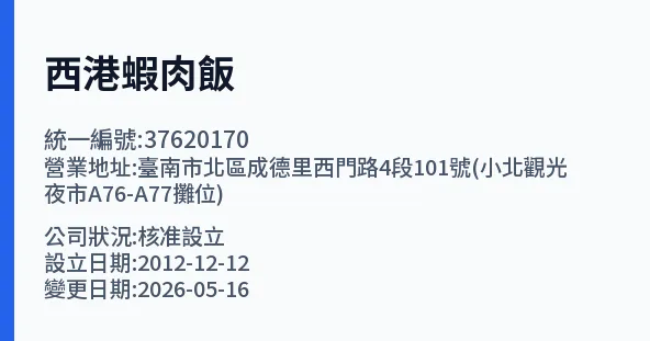 西港蝦肉飯的照片-統編 37620170(臺南市) 公司登記資料與營業項目詳細圖表