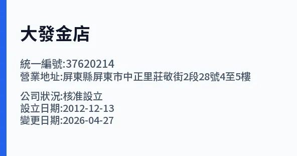 大發金店的照片-統編 37620214(屏東縣) 公司登記資料與營業項目詳細圖表