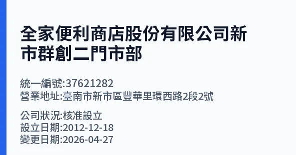 全家便利商店股份有限公司新市群創二門市部的照片-統編 37621282(臺南市) 公司登記資料與營業項目詳細圖表