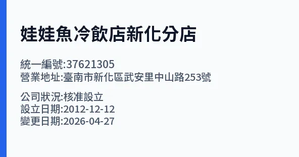 娃娃魚冷飲店新化分店的照片-統編 37621305(臺南市) 公司登記資料與營業項目詳細圖表