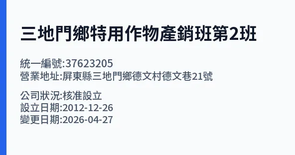 三地門鄉特用作物產銷班第2班的照片-統編 37623205(屏東縣) 公司登記資料與營業項目詳細圖表