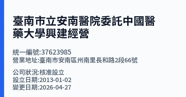 臺南市立安南醫院委託中國醫藥大學興建經營的照片-統編 37623985(臺南市) 公司登記資料與營業項目詳細圖表