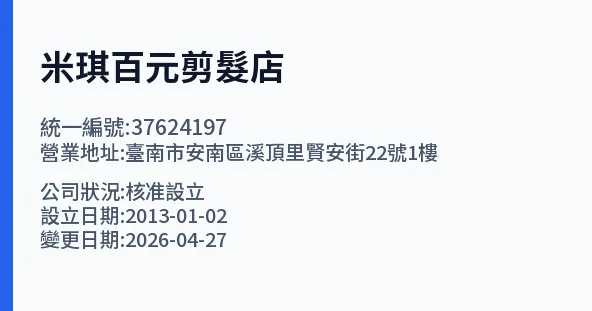 米琪百元剪髮店的照片-統編 37624197(臺南市) 公司登記資料與營業項目詳細圖表