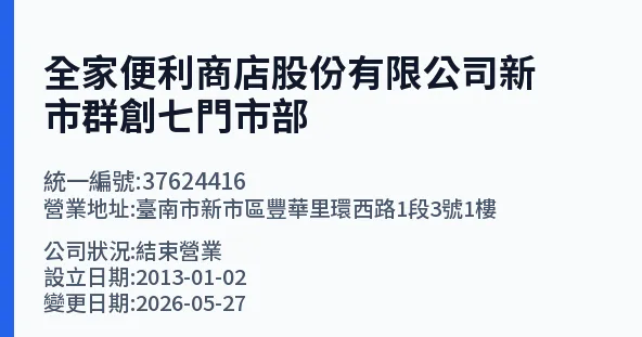 全家便利商店股份有限公司新市群創七門市部的照片-統編 37624416(臺南市) 公司登記資料與營業項目詳細圖表