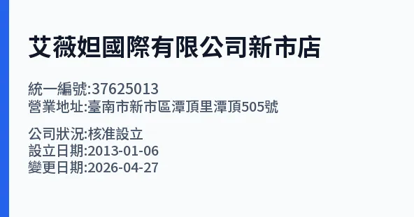 艾薇妲國際有限公司新市店的照片-統編 37625013(臺南市) 公司登記資料與營業項目詳細圖表