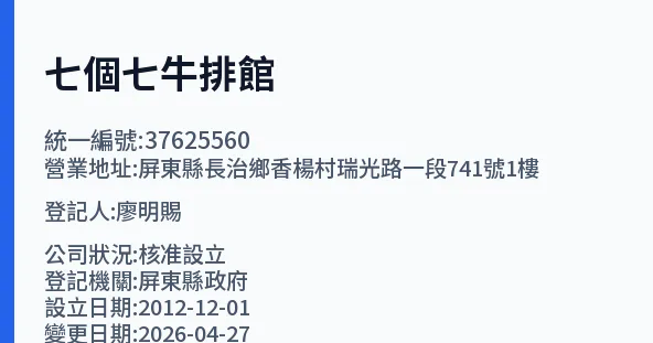 七個七牛排館的照片-統編 37625560(屏東縣) 公司登記資料與營業項目詳細圖表