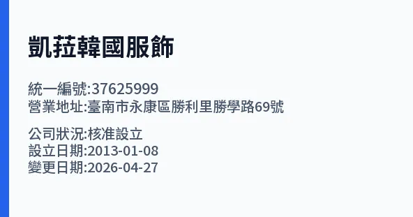凱菈韓國服飾的照片-統編 37625999(臺南市) 公司登記資料與營業項目詳細圖表