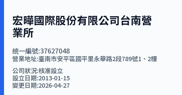 宏曄國際股份有限公司台南營業所的照片-統編 37627048(臺南市) 公司登記資料與營業項目詳細圖表