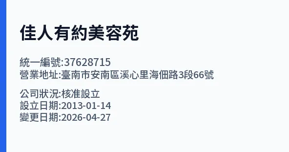 佳人有約美容苑的照片-統編 37628715(臺南市) 公司登記資料與營業項目詳細圖表