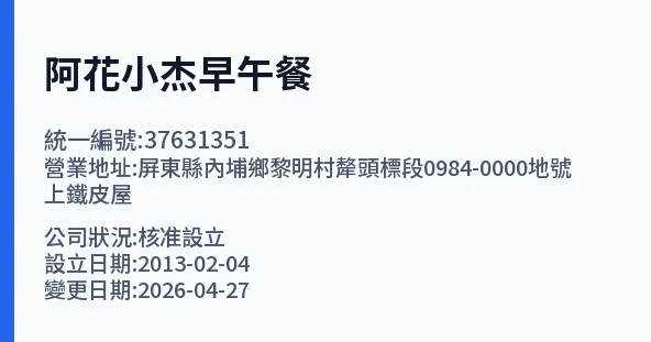 阿花小杰早午餐的照片-統編 37631351(屏東縣) 公司登記資料與營業項目詳細圖表
