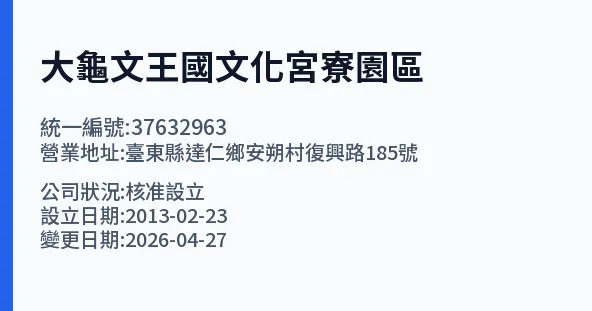 大龜文王國文化宮寮園區的照片-統編 37632963(臺東縣) 公司登記資料與營業項目詳細圖表