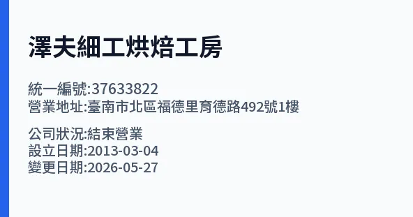 澤夫細工烘焙工房的照片-統編 37633822(臺南市) 公司登記資料與營業項目詳細圖表